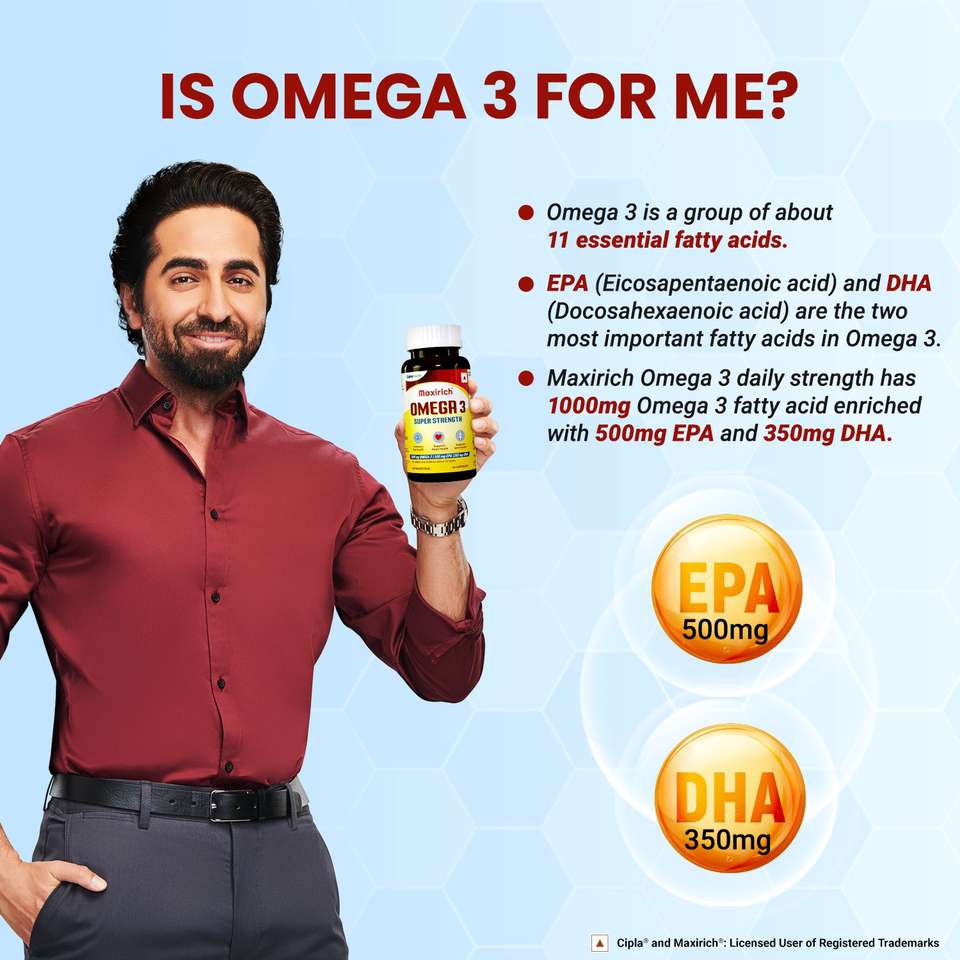 Cipla Maxirich Omega 3 | Super Strength Capsule | EPA 500mg & DHA 350mg ...