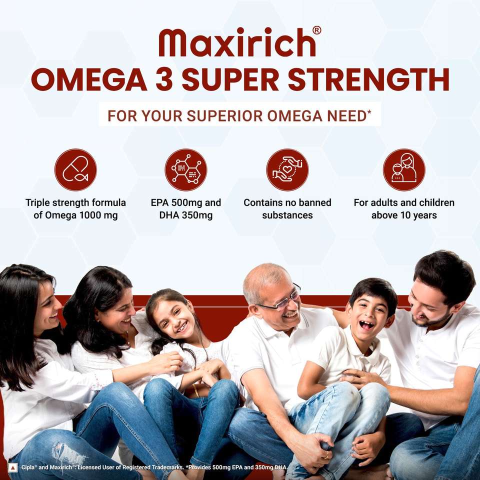 Cipla Maxirich Omega 3 | Super Strength Capsule | EPA 500mg & DHA 350mg ...